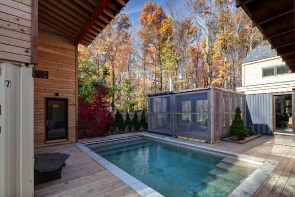 Modern home in the woods built using shipping containers in Michigan