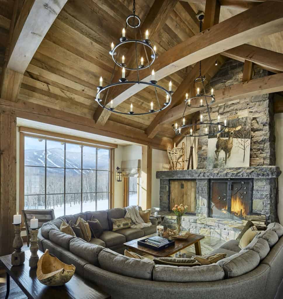 Handcrafted family home in Vermont with a backdrop of snowy peaks