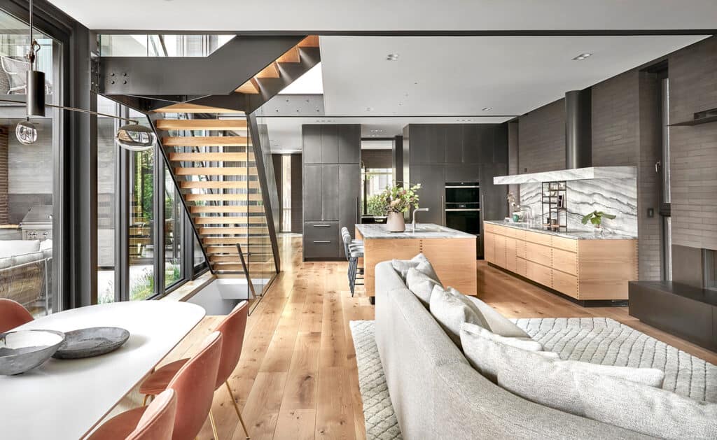 Sleek design details in this spectacular modern brick house in Chicago