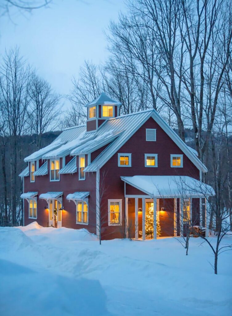 Tour this warm and cozy barn house in the snowy mountains of Vermont